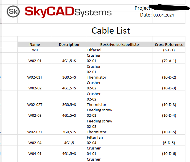 Cabel list EXCEL with wires source/destination | SkyCAD - Electrical ...